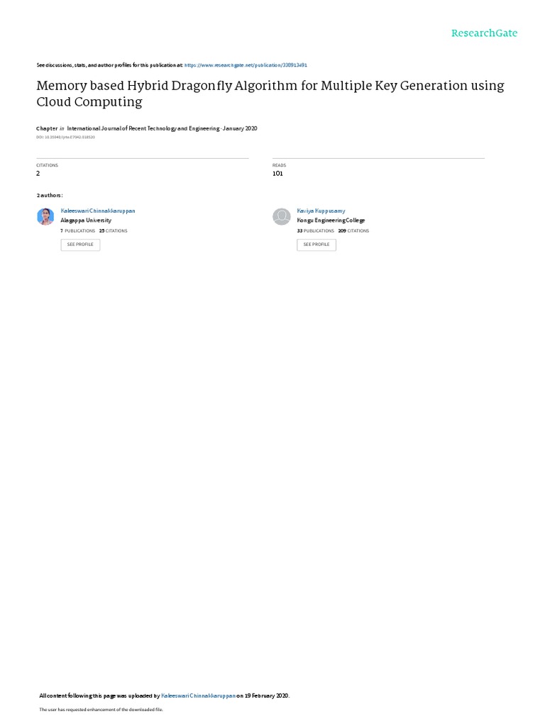 Memory Based Hybrid Dragonfly Algorithm For Multiple Key Generation Using Cloud Computing Pdf
