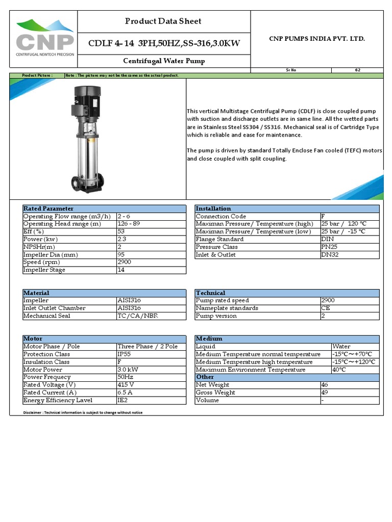 CDLF 4 Centrifugal Pump Specifications | PDF | Pump | Turbomachinery