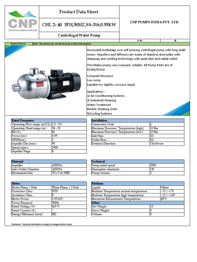 CNP CHL 2-40 Centrifugal Pump Data | PDF | Pump | Electric Motor