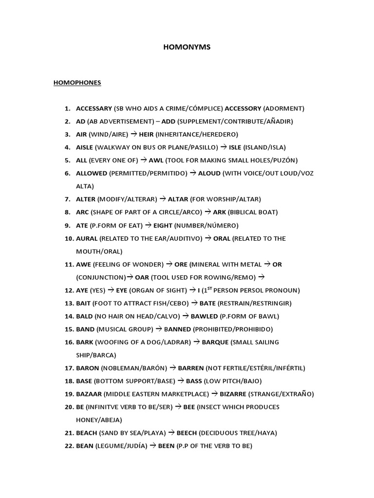 Homonyms (Homophones and Homographs) | PDF