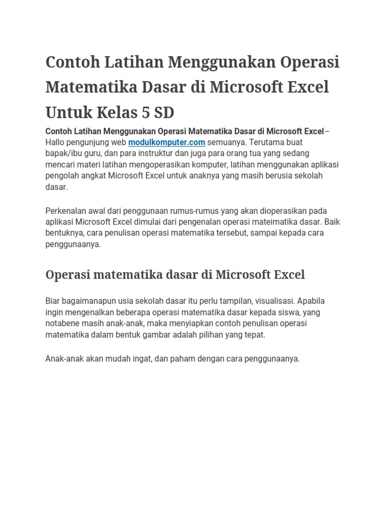 Contoh Latihan Menggunakan Operasi Matematika Dasar Di Microsoft Excel Untuk Kelas 5 SD | PDF ...