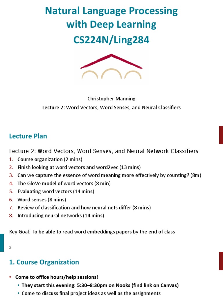 Christopher Manning Lecture 2: Word Vectors, Word Senses, and Neural Classifiers | PDF