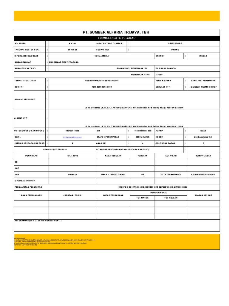 Contoh FORM DATA PELAMAR | PDF