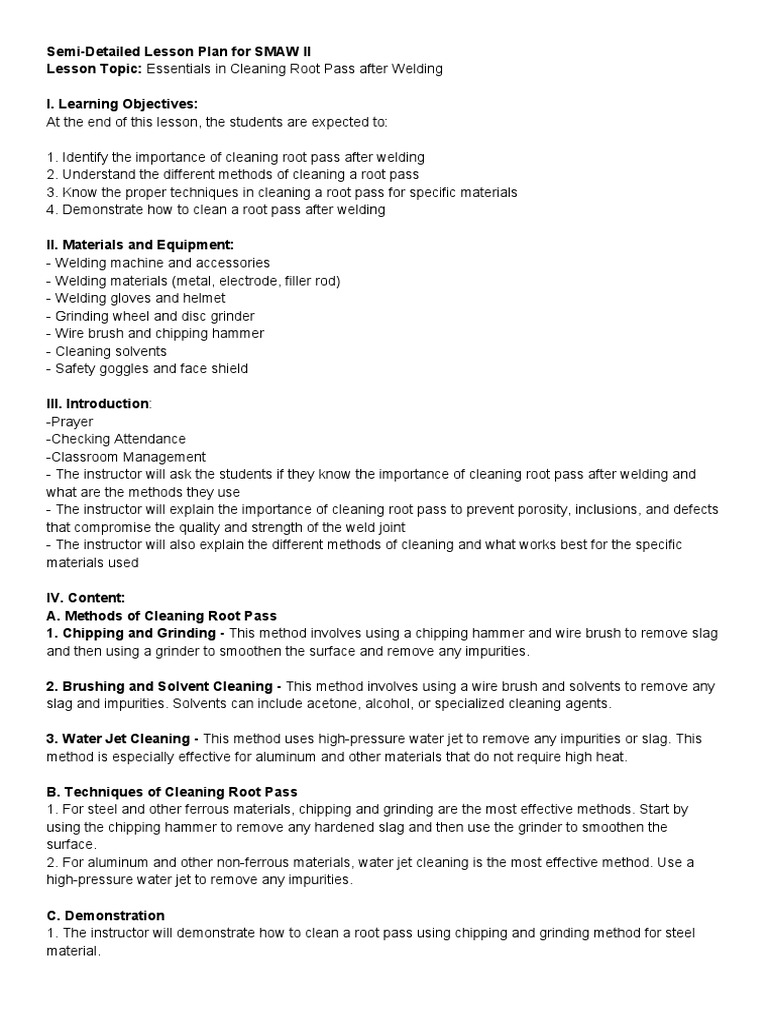LESSON PLAN GRADE 11 SMAWEssentials in Cleaning Root Pass After Welding ...
