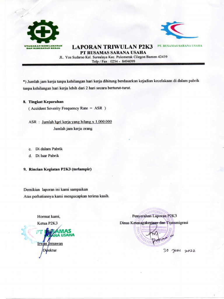 Laporan Kegiatan P2K3 Januari-Maret 2022 | PDF