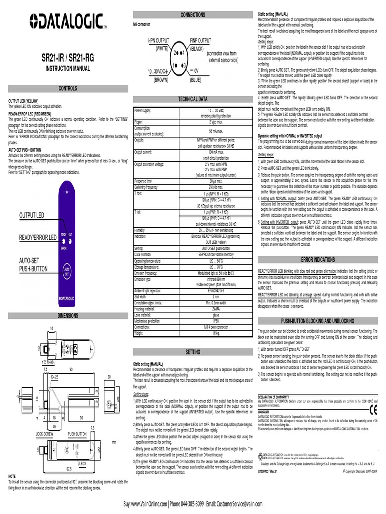 Sr21 Ir Datalogic Label Sensor Pdf Bipolar Junction Transistor Sensor