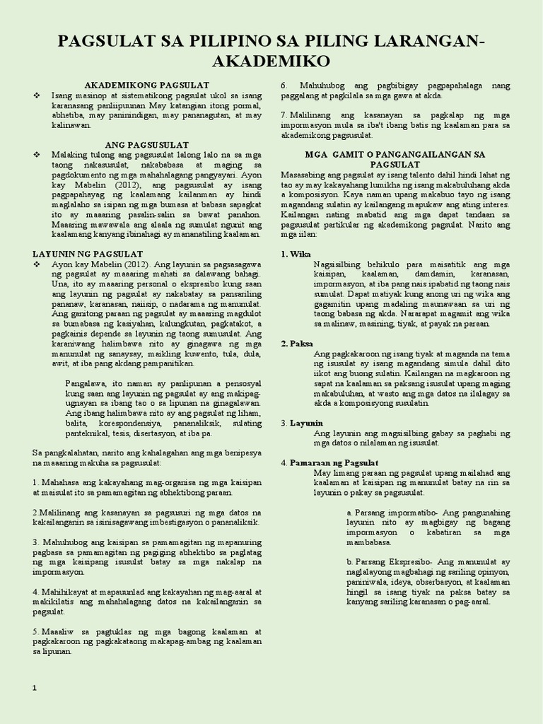 Pagsulat Sa Pilipino Sa Piling Larangan-Akademiko | PDF