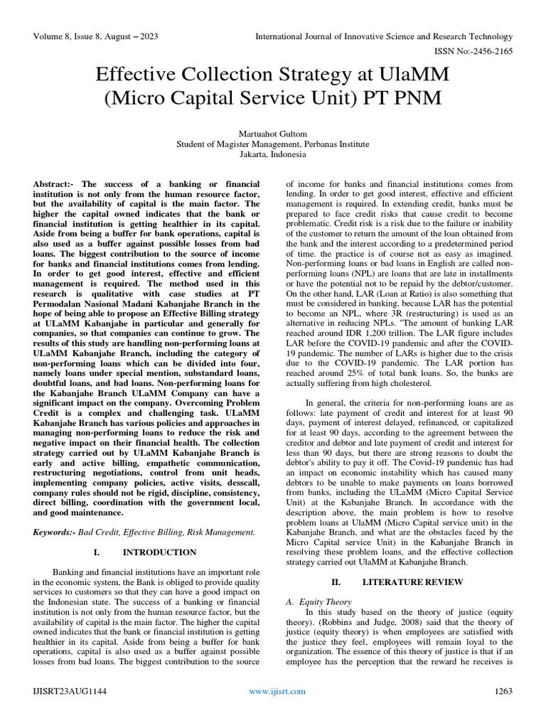 Effective Collection Strategy at UlaMM (Micro Capital Service Unit) PT PNM | PDF | Strategic ...