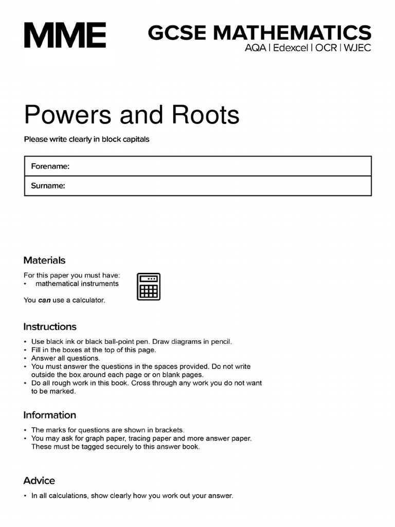 Powers and Roots Questions MME | PDF