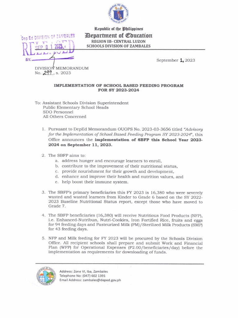 DM No. 297 S. 2023 Implementation of School Based Feeding Program For ...