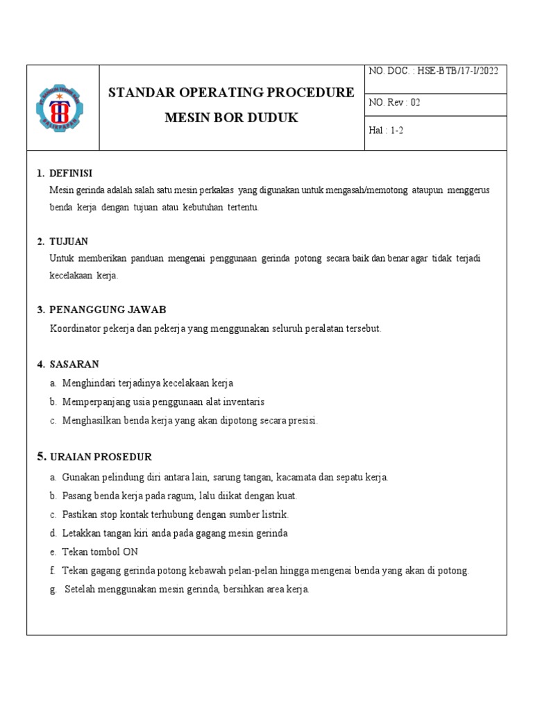 17. SOP MESIN BOR DUDUK | PDF