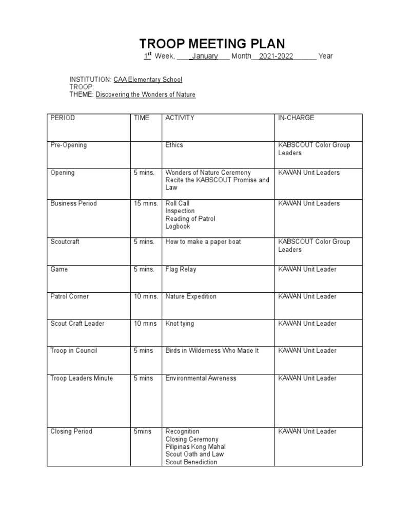 Troop Meeting Plan: Nature Discovery | PDF