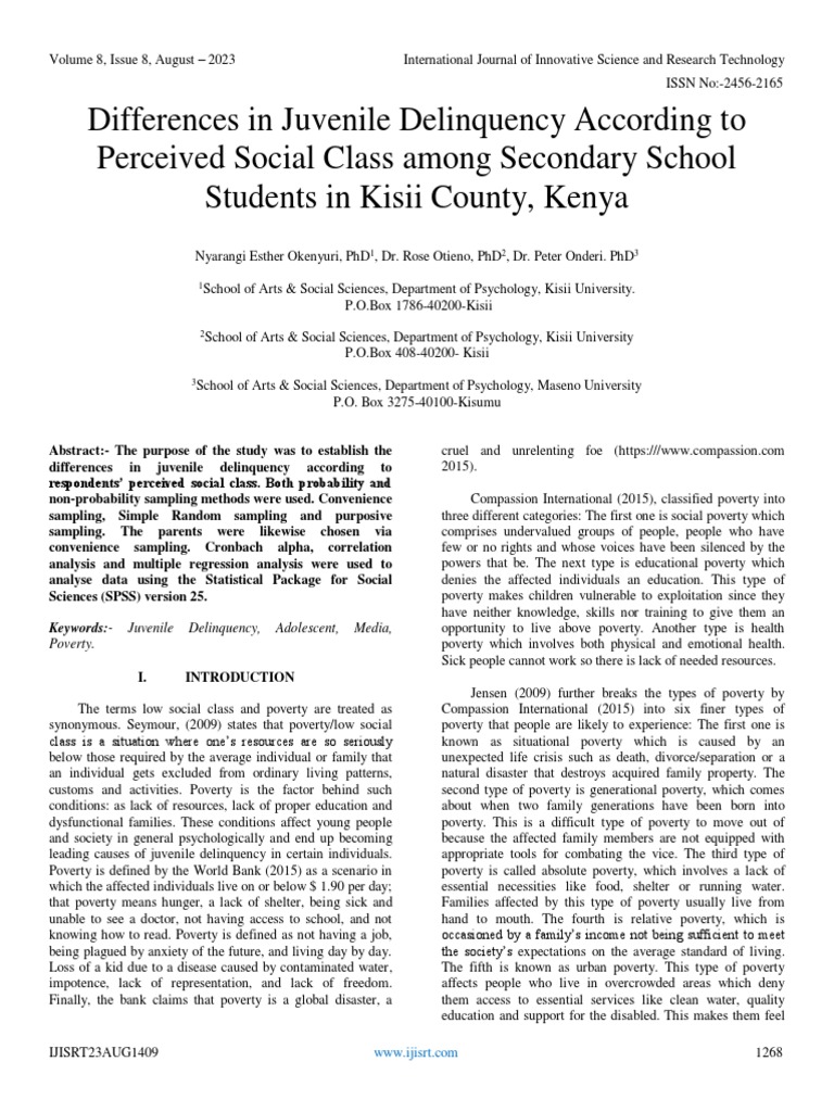 Differences in Juvenile Delinquency According To Perceived Social Class ...