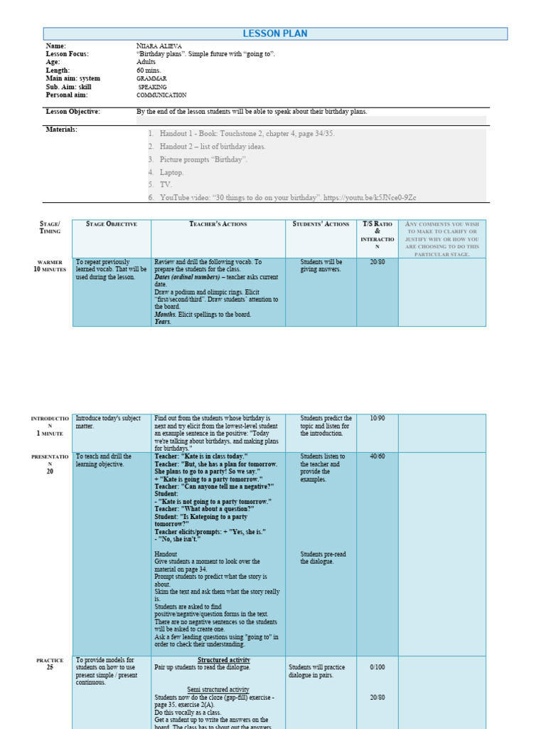 Lesson Plan Going To / Birthday Plans | PDF | Lesson Plan | Behavior Modification