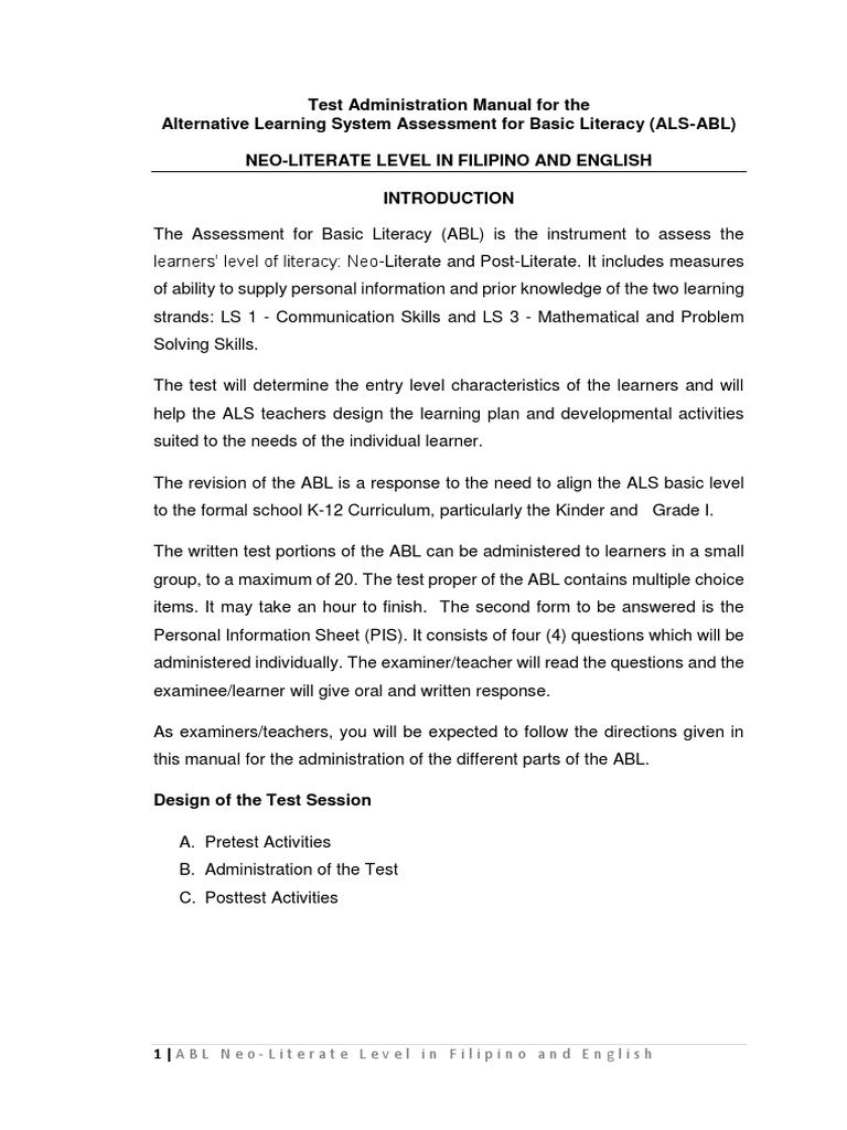 Abl Test Manual Neo Literate Filipino English | Download Free PDF ...