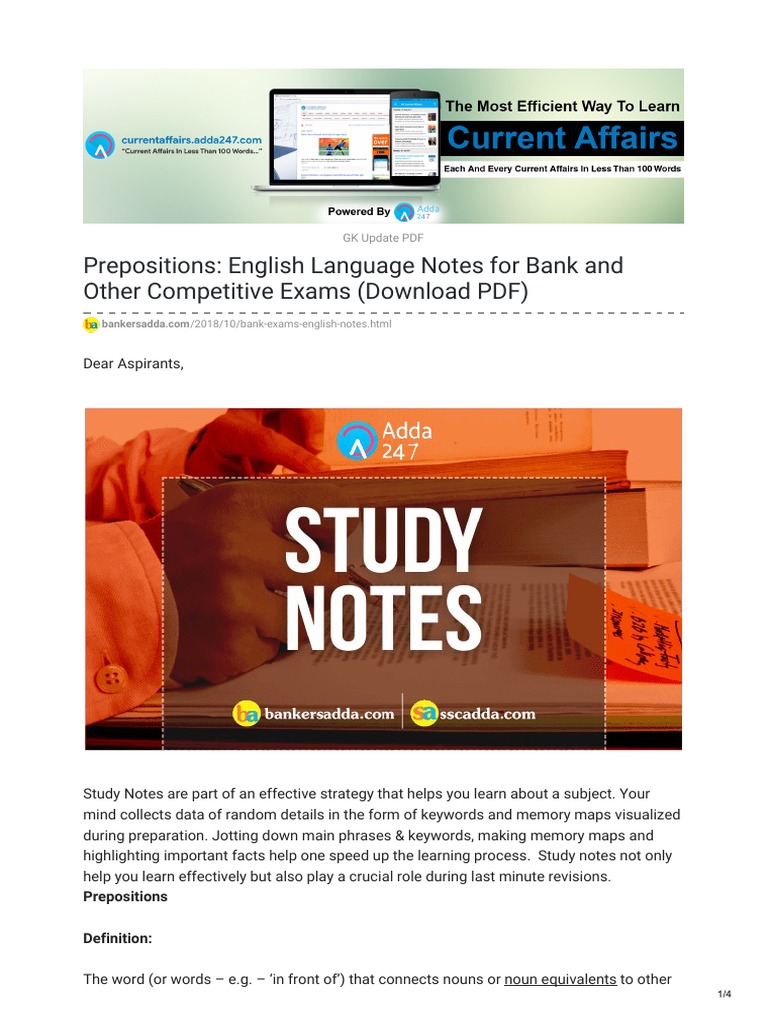 Prepositions English Language Notes | PDF | Preposition And ...