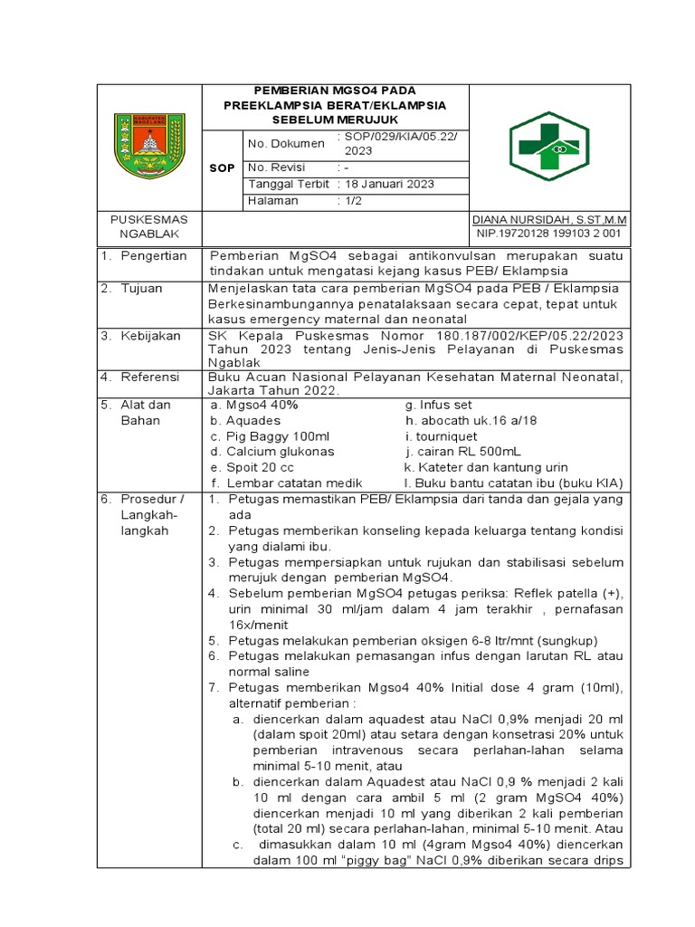 Sop Pemberian Mgso4 | PDF