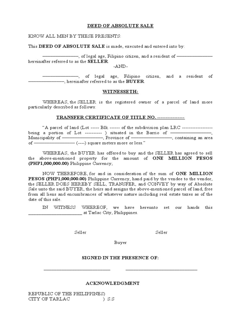 Unilateral Deed of Absolute Sale | PDF | Property Law | Economies