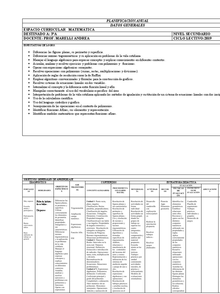 Formato Planificacion Matematica 3er Año | PDF | Ecuaciones | Linealidad