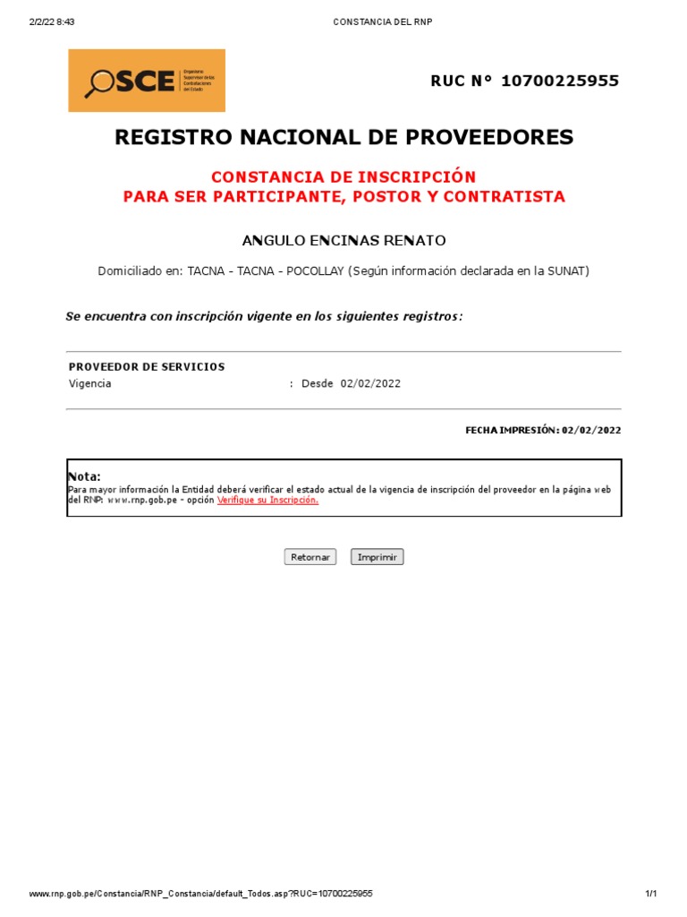 Constancia de Registro Nacional de Proveedores | PDF