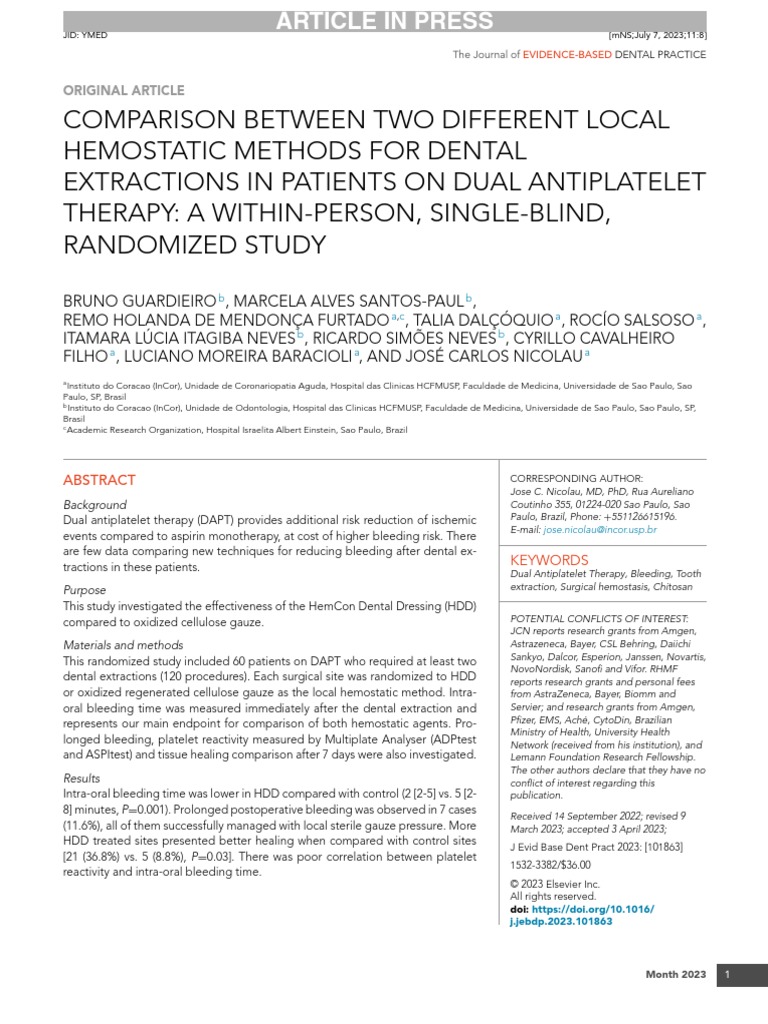 Hemostatic Methods in Dental Extractions | PDF | Percutaneous Coronary ...