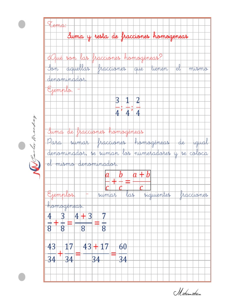 Tema - Suma y Resta de Fracciones Homogeneas | PDF | Métodos y ...