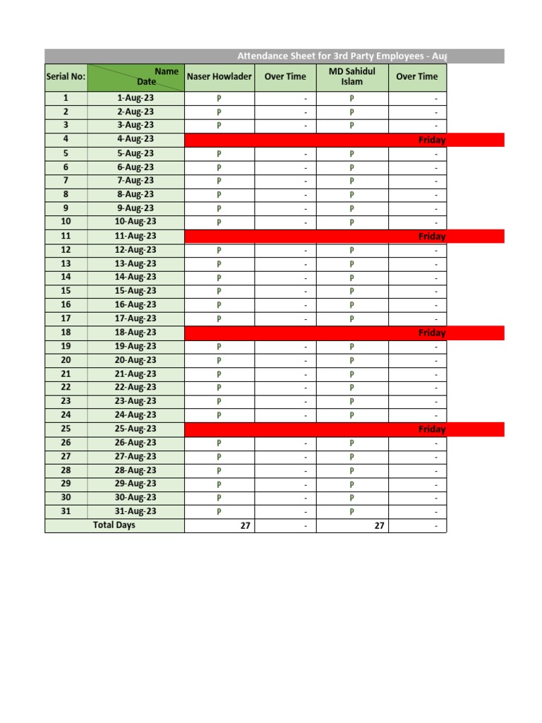 Attendance Sheet - Aug 2023 | PDF