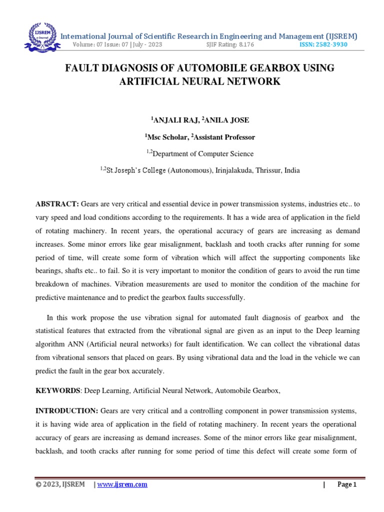 Fault Diagnosis Of Automobile Gearbox Using Artificial Neural Network Pdf