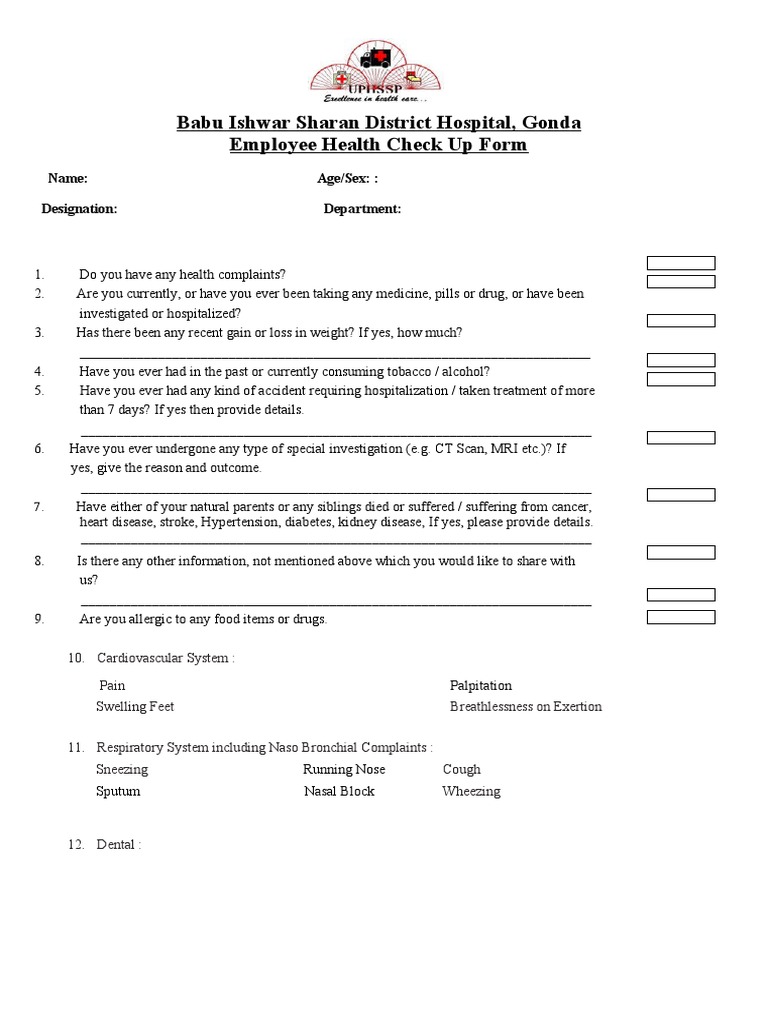 Health Check Up Form Employees | Download Free PDF | Physical ...