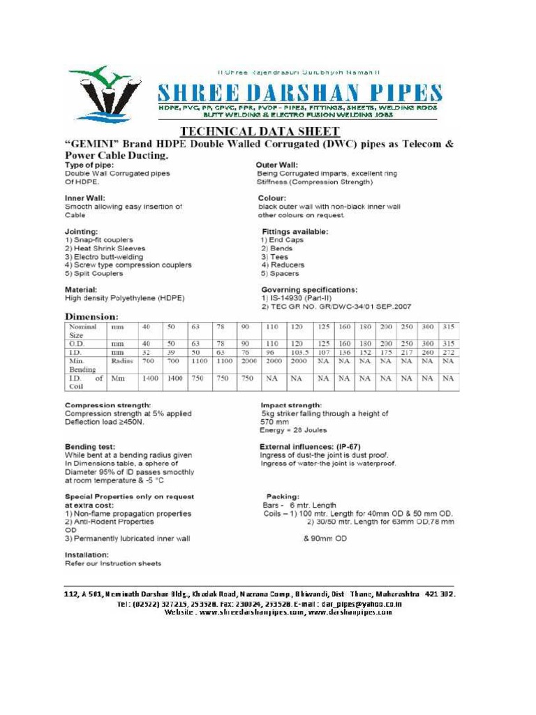 Technical Data For DWC Hdpe Pipes | PDF