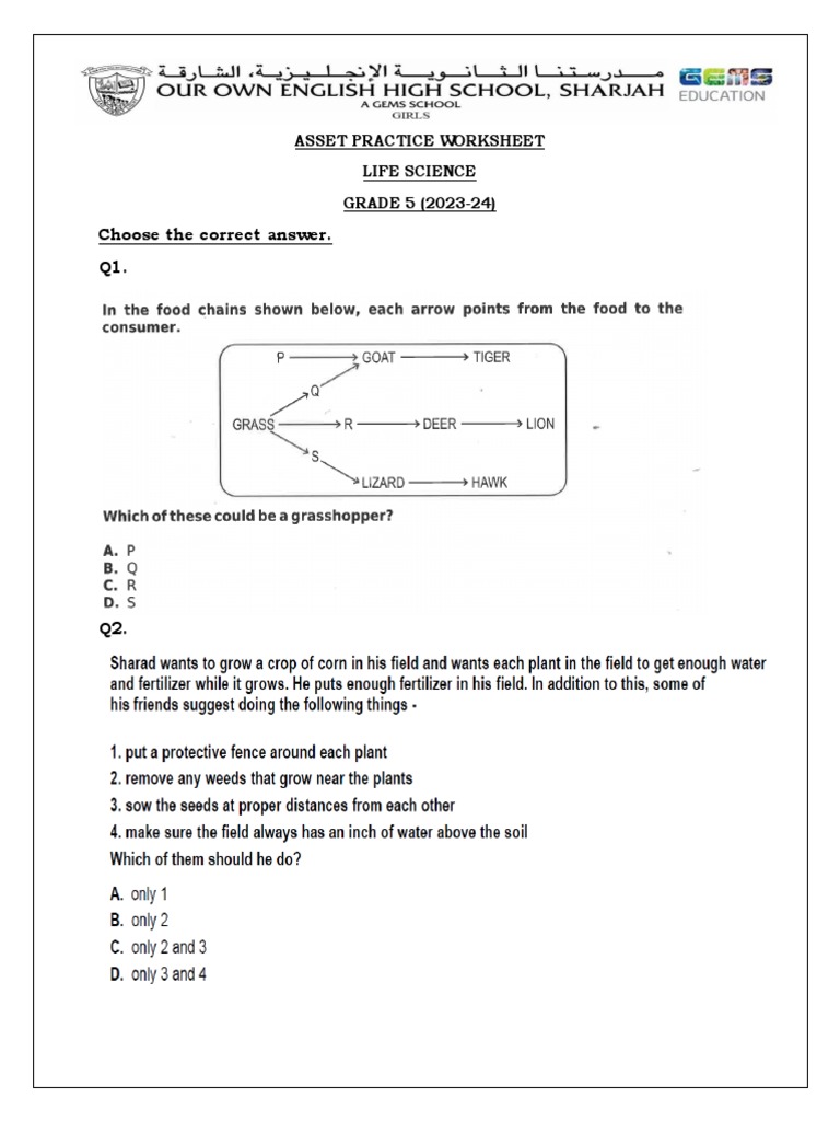 Science - ASSET Worksheet Life Science - 1 | PDF