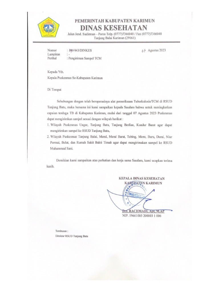 Surat Pemberitahuan Pengiriman Sampel TCM | PDF