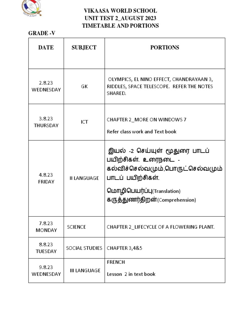 Grade 5 - Unit Test Portions and Timetable | PDF
