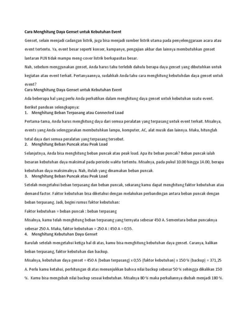 Cara Menghitung Daya Genset Untuk Kebutuhan Event | PDF