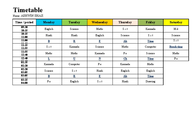 Timetable Monday To Friday in Colour | PDF