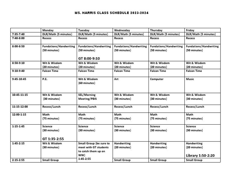 Ms. Harris Class Schedule 2023-2024 | PDF