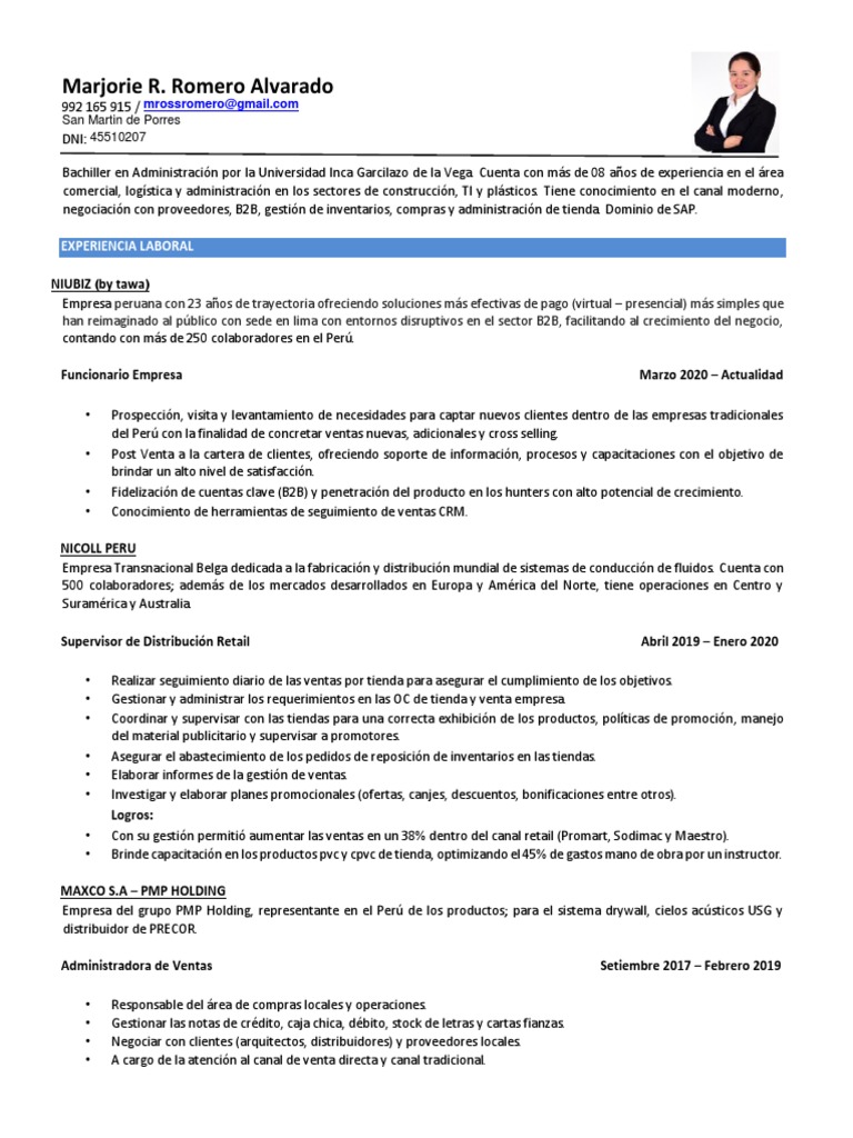 Marjorie Romero CV2023 | Descargar gratis PDF | Perú | Business