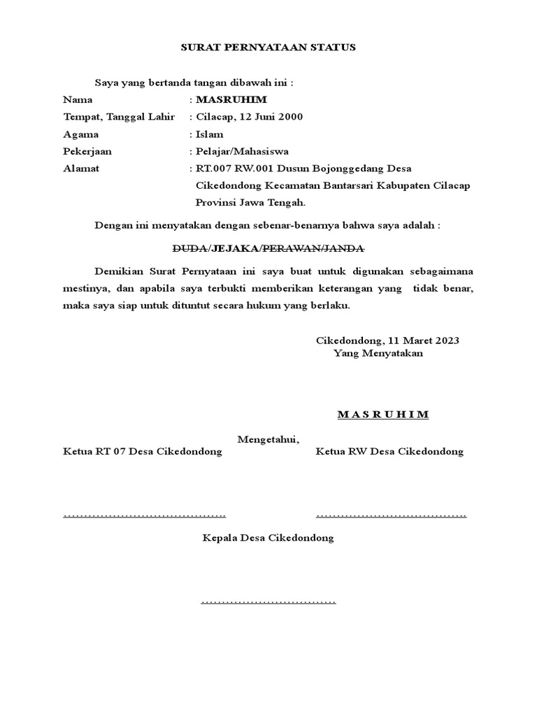 Surat Pernyataan Status | PDF