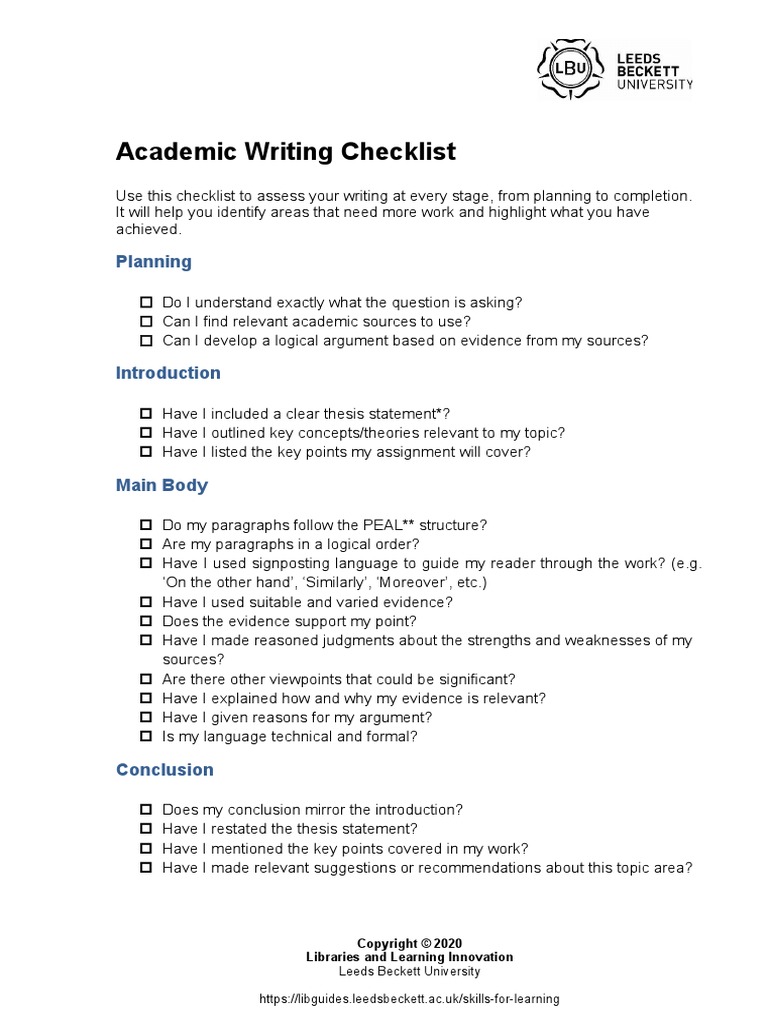 Academic Writing Checklist | PDF | Argument | Thesis