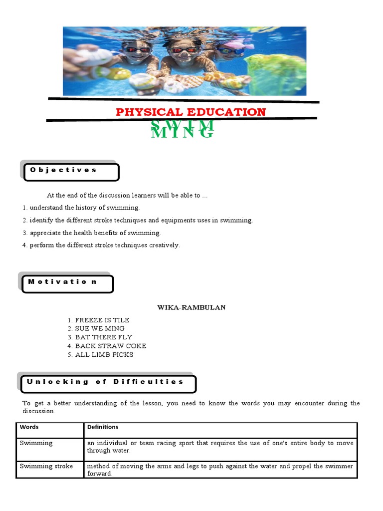 Lesson 3 4 Swimming | PDF | Swimming (Sport) | Swimming