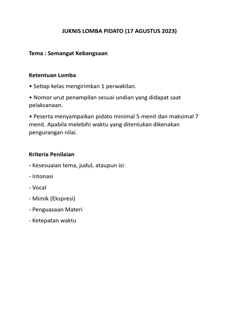 Juknis Lomba Pidato 17 Agustus 2023 | PDF