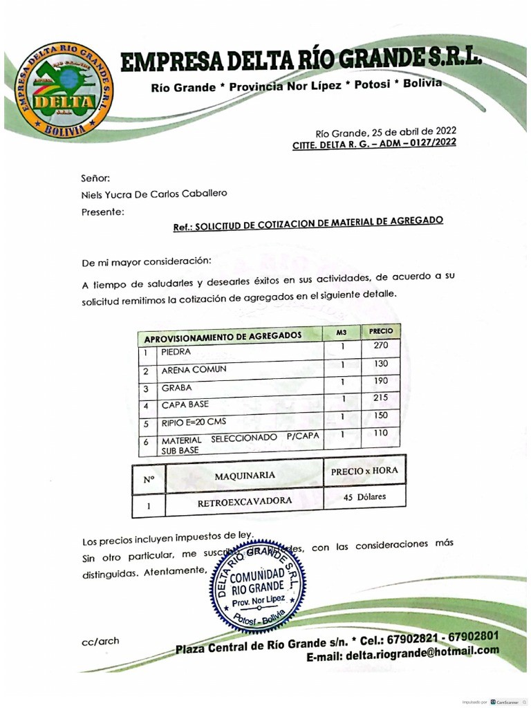 Cotizacion Agregados Delta C.C. | PDF
