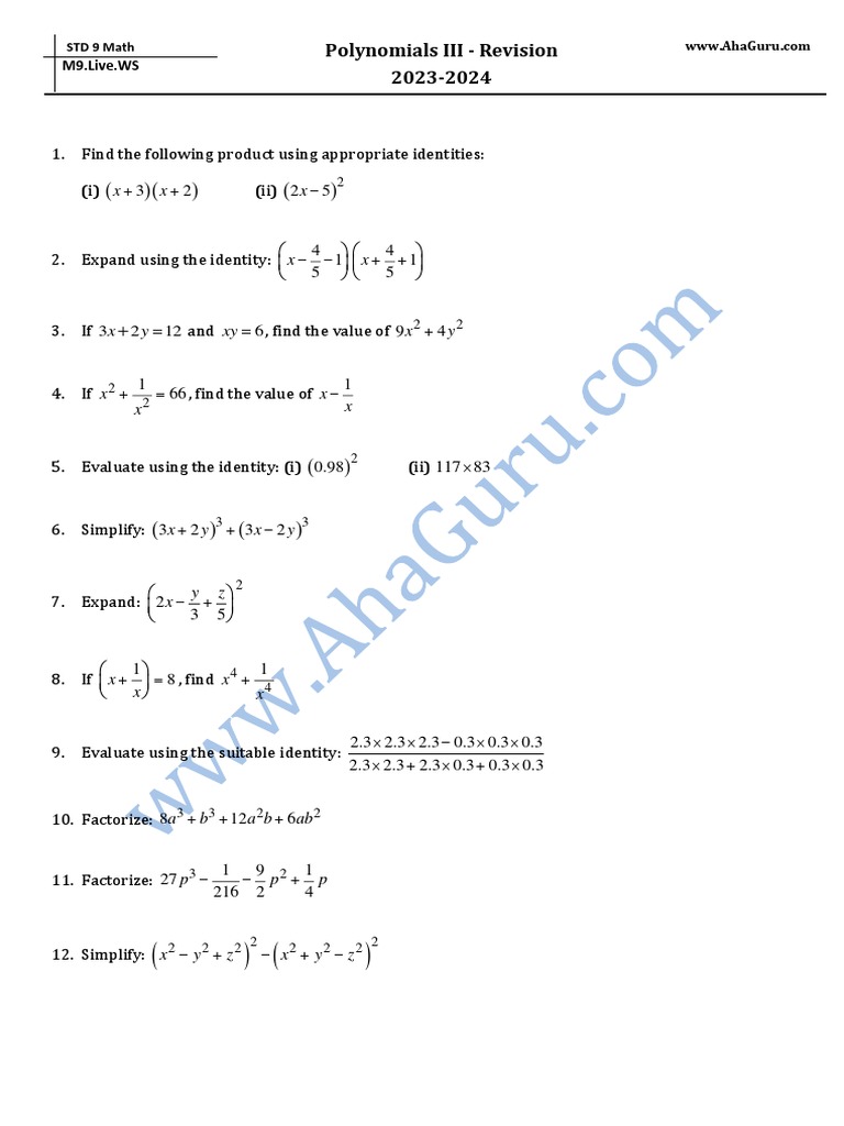 M9 Polynomials III Revision WS - 24 July 2023 - 1690197847322 - TyXq6 | PDF | Mathematical ...