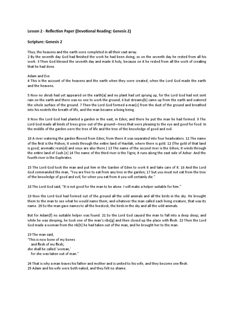 Reflection Paper - Devotional Reading - Genesis 2 | PDF | Adam | Adam ...