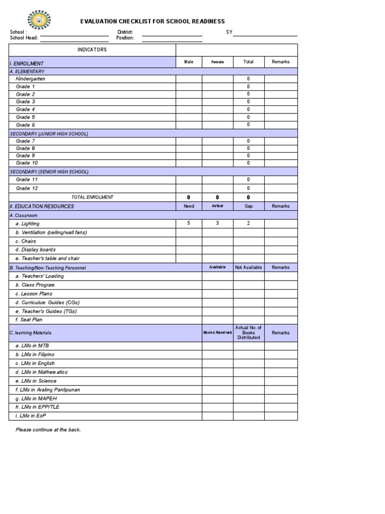 School Readiness Evaluation Checklist | PDF | Schools | Teachers