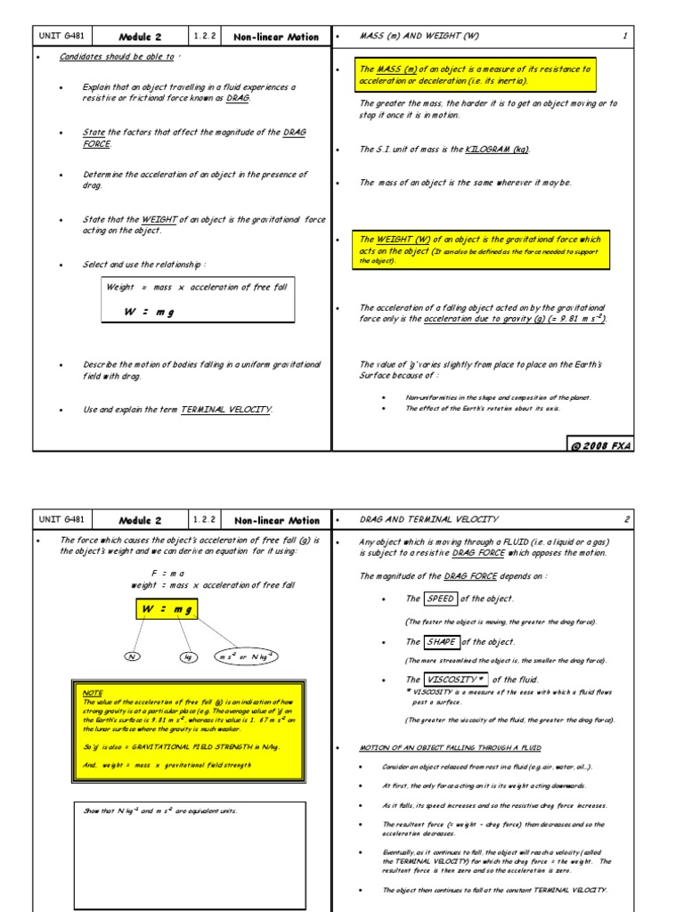 1 2 2 Non Linear Motion Pdf Weight Mass