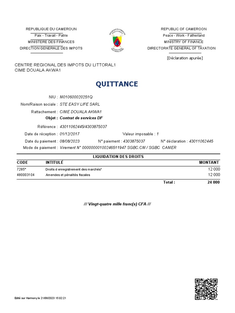 Quittance de paiement pour services DF | PDF