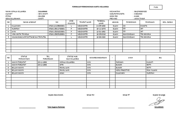 FORMULIR PERMOHONAN KARTU KELUARGA F101 BR | PDF