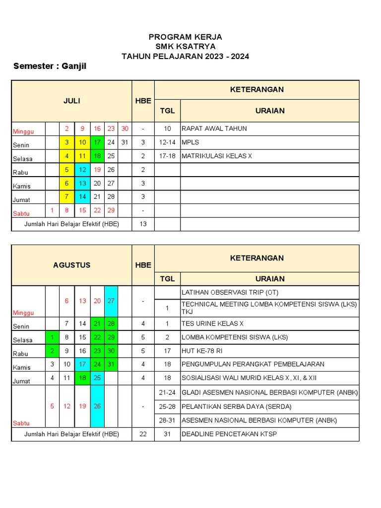 Program Kerja SMK Ksatrya T.A 2023 - 2024 | PDF