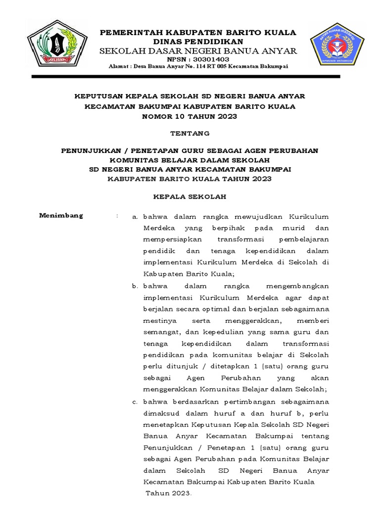 Format SK Penunjukkan Agen Perubahan Satuan Pendidikan BANUA ANYAR | PDF